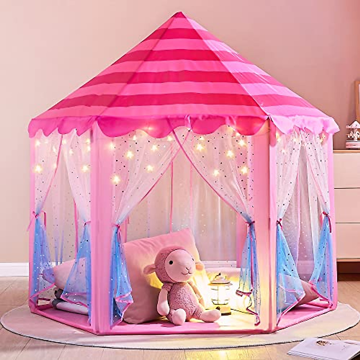KIDAMI Princess Tent 55" x 53" Large Playhouse for Kids, Barbie Tent Pink Castle, Toddlers Play Tent with Star Lights and Carry Bag, Birthday Gifts and Toys for Girls Indoor and Outdoor