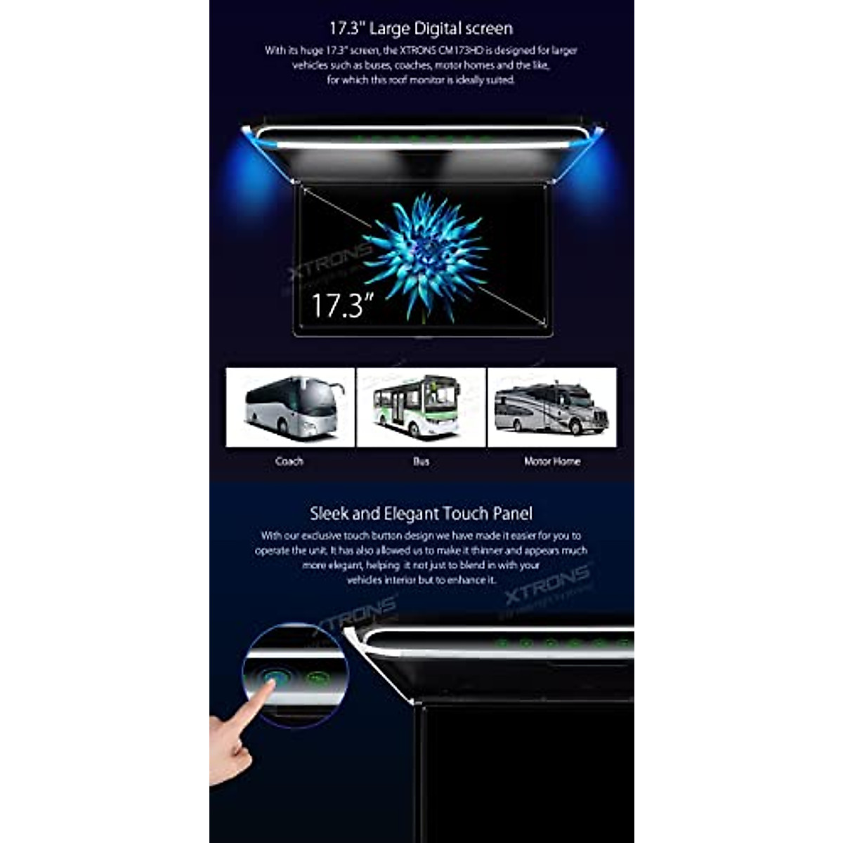 XTRONS® 17.3 Inch 16:9 Ultra-Thin FHD Digital TFT Screen 1080P Video Car Overhead Player Roof Mounted Monitor HDMI Port 1920 * 1080 Full High Definition with New Version Black IR Headphones (No DVD)