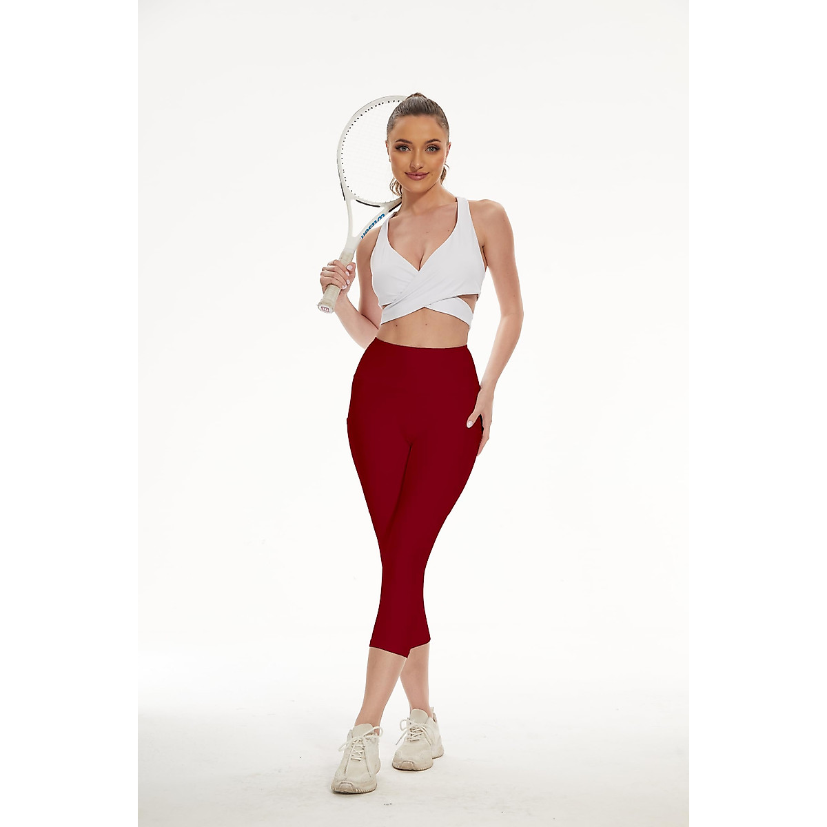 RAYPOSE Womens Workout Capri Leggings for Women with Pockets Plus Size Basic Pants Yoga Gym Casual Summer Fiery Red-M