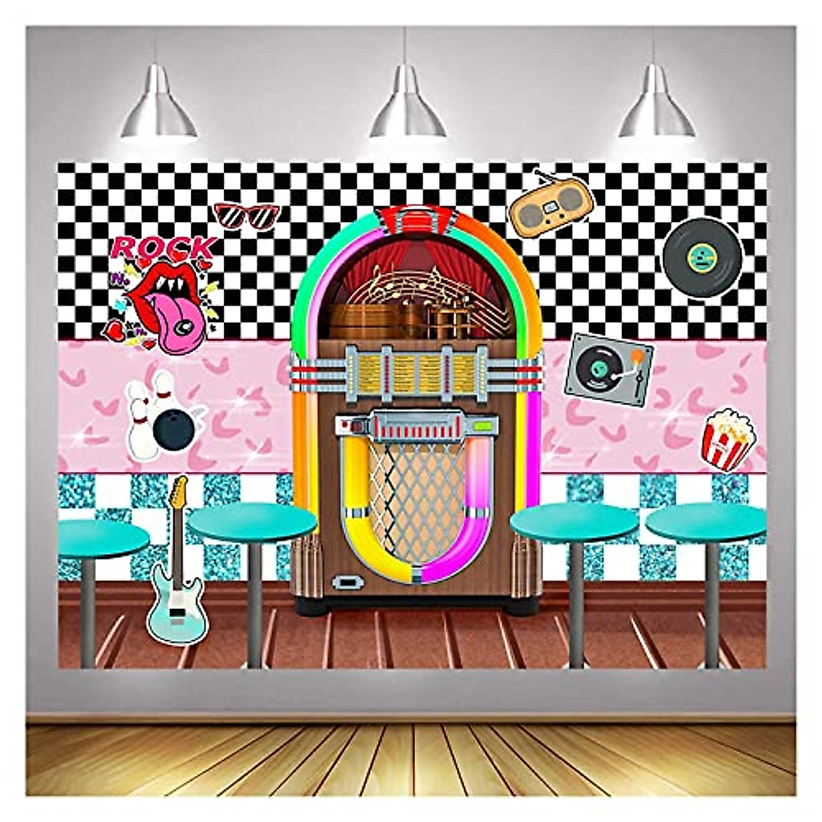 XLL Rock Roll Party Back to 50's Sock Hop Photography Background Back to 1950s Soda Shop Photo Backdrops 50s Retro Diner Time Rock Roll Classic Party Decoration Banner 7x5ft