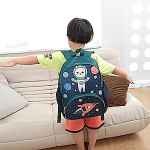 BTOOP Kids Backpack for Preschool Boys Space Kindergarten Bookbag 15 inch Toddler Travel School Bag Fits Age 3-8 (Space cat-Green)