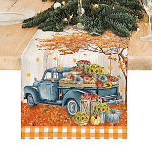 Fall Decor Thanksgiving Pumpkins Blue Truck Table Runner 72 Inches, Seasonal Fall Harvest Kitchen Dining Table Decoration for Indoor Outdoor Home Party Decor