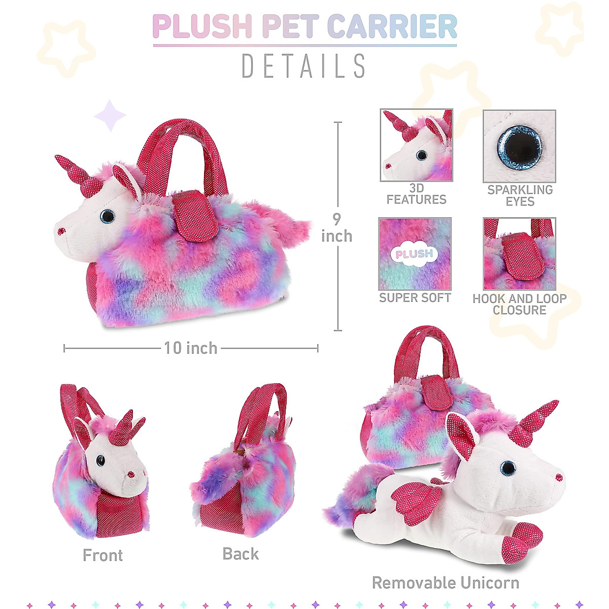 DolliBu Cotton Candy Pink Unicorn Plush Toy Pet Carrier - Cute Unicorn Stuffed Animal Pet Purse for Girls, Removable Sparkly White Unicorn Plush Toy in Fluffy Pink Handbag for Dress Up, Pretend Play