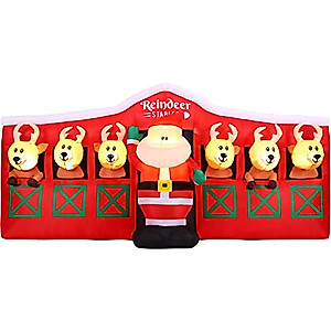 Christmas Time 4-Ft. Inflatable Santa Claus in a Reindeer Stable with LED Lights | Festive Holiday Blow-Up Decorations |Blower, Stakes, Ropes, and Storage Bag Included | CT-RDRSTBLE041-L, Red