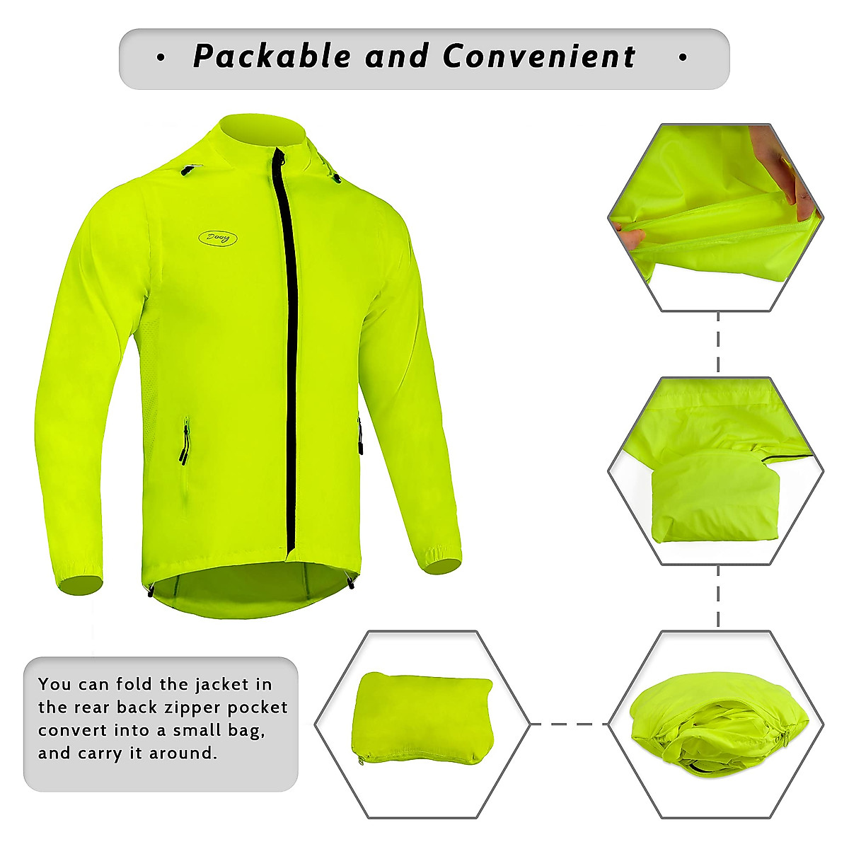 Men's Cycling Jacket with Detachable Sleeves Windbreaker Hooded Running Bike Jacket Golf Hiking Vest Lightweight Reflective