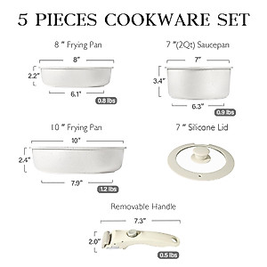 GiPP 5Pcs Pots and Pans Set Non Stick, Cookware Sets Nonstick Detachable Handle, Induction Kitchen Set Removable Handle, RV Cookware set, Oven Safe