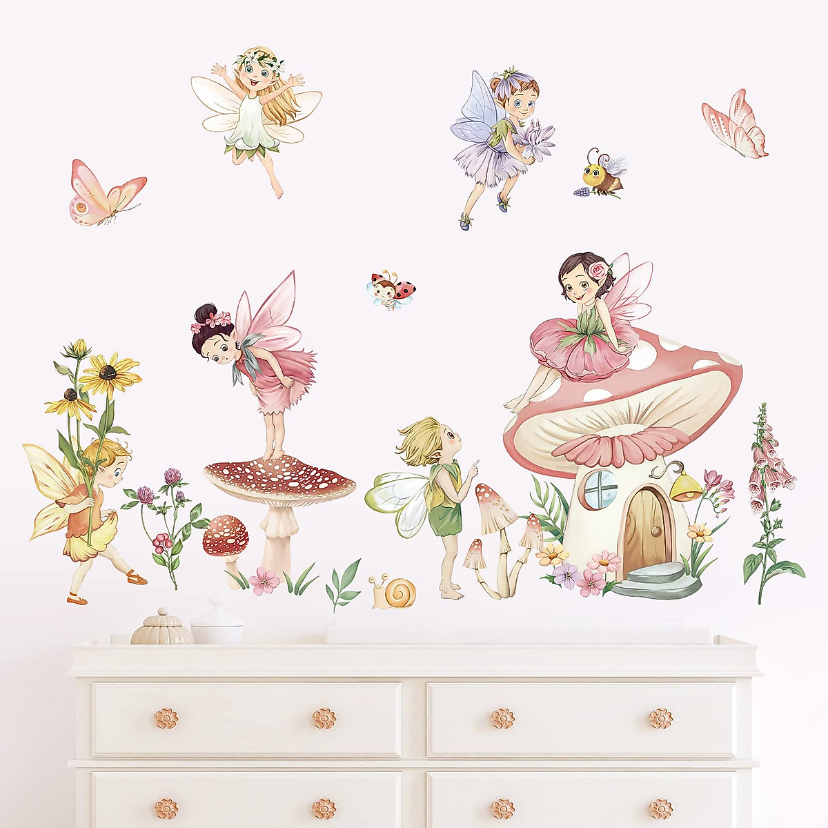 wondever Fairy Mushroom Wall Stickers Flowers Butterfly Elf Peel and Stick Wall Art Decals for Girls Bedroom Kids Room Baby Nursery