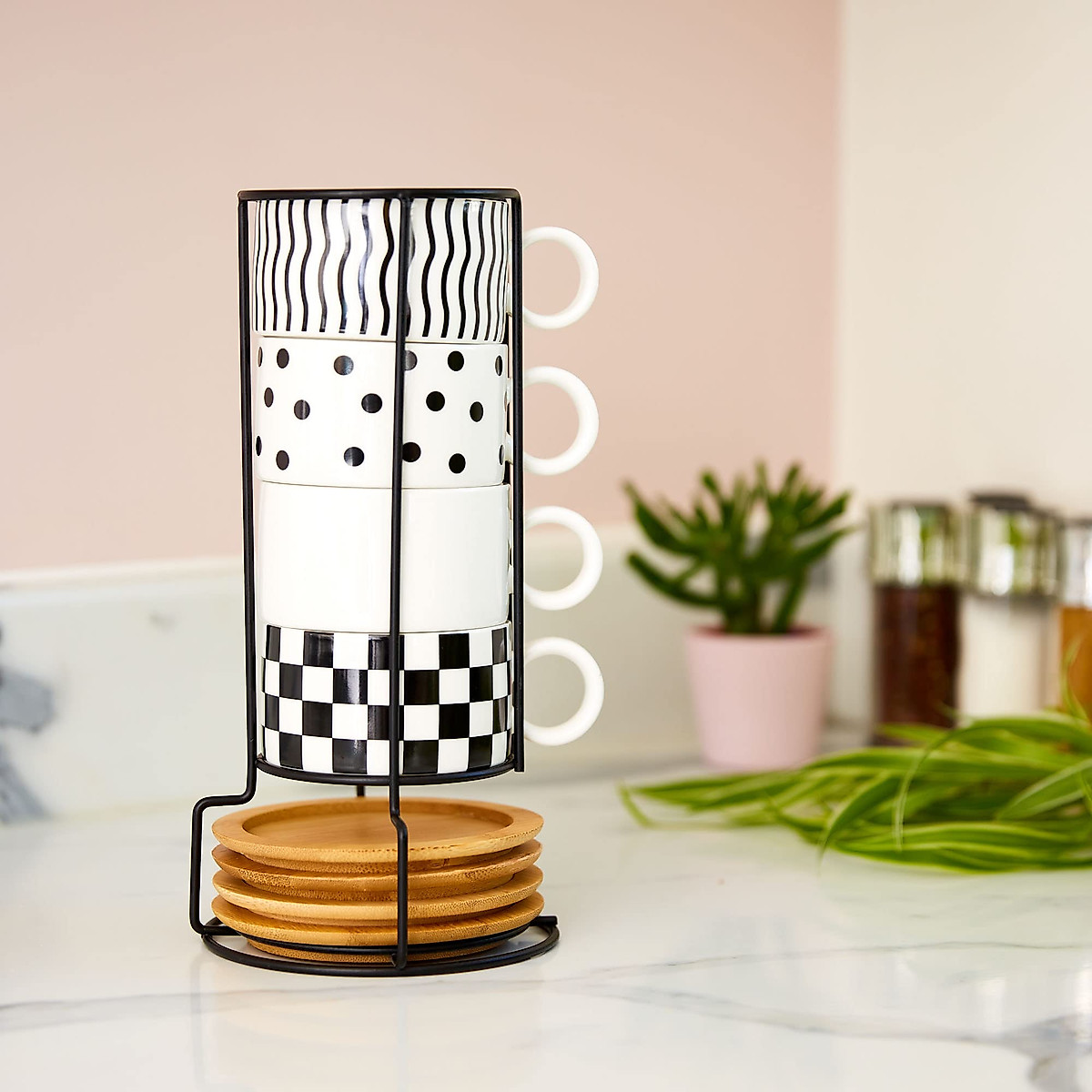 SUPERLY Stackable Espresso Cups Set of 4 - Espresso Mugs with Wooden Saucers, Metal Stand - Durable Porcelain Espresso Cup - Easy To Clean, Dishwasher-Safe - Modern Coffee, Latte, Tea Mug Set - 6 Oz