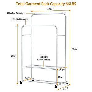 Moclever Clothing Rack with Wheels, Double Rod Garment Rack Rolling Rack for Indoor Bedroom Clothes Rack, Hanging Clothes, Storage Display, White