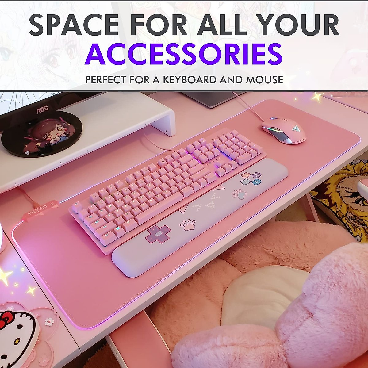Tilted Nation Pink Gaming Mouse Pad RGB - Create Your Dream Setup - Bright LED Gaming Mousepad Mat XL with 8 Light Modes - Smooth Gliding and Easy to Clean - Large RGB Gaming Mouse Pad Pink for Desk