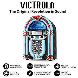 Victrola Nostalgic Wood Countertop Jukebox with Built-in Bluetooth Silver & 50's Retro Bluetooth Record Player & Multimedia Center with Built-in Speakers | Red