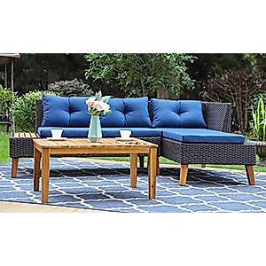 MFSTUDIO 3 Pieces Patio Rattan Furniture Set，Outdoor Wicker and Acacia Wood Sectional Sofa Set for Garden,Backyard,Poolside(Navy Blue)