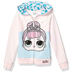 L.O.L. Surprise! Girls Glitterati Crystal Queen Big Face Zip-up Hoodie, Light Pink/Light Blue, 16