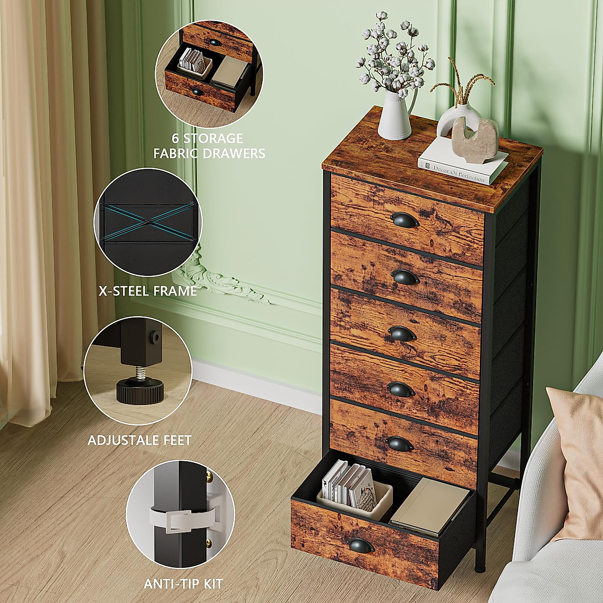 Furnulem Tall Dresser with 6 Drawers,Vertical End Table and Nightstand for Bedroom,Industrial Dorm Bedside Furniture with Fabric Storage Drawer Organizer in Living Room,Closet,Entryway(Rustic Brown)