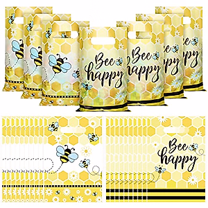 100 Pieces Bee Party Gift Bags Yellow Honey Bee Treat Bags with Handles Honey Bumble Bee Pattern Goodie Bags Plastic Candy Gift Bags for Bee Baby Shower Gender Reveal Birthday Party