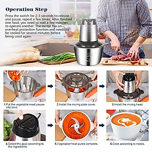 Meat Food Processors Electric, Meat Grinder 2L Stainless Steel Meat Blender Food Chopper for Meat, Onion, Vegetables with Bi-Level Blades, 2 Speed, 500W, 2 Bowls (8 Cup+8 Cup)