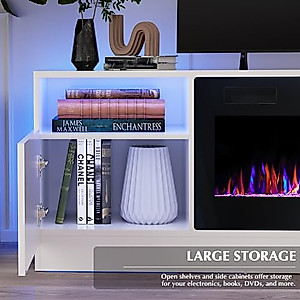 Lemberi Fireplace tv Stand with 36 inch Fireplace Up to 80" TVs,LED Light Entertainment Center and Storage, 70" Modern Wood Media TV Console with Highlight Cabinet for Living Room (White)