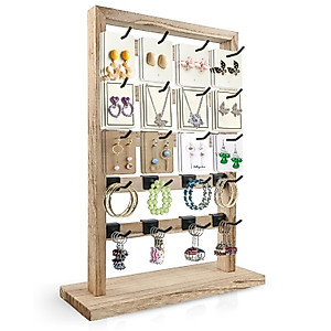 Fumingpal Earring Display Stands for Selling, Wooden Jewelry Display Rack with 20 Removable Hooks, 5-Tier Jewelry Organizer for Earring Cards, Necklaces, Bracelets, Keychains(Oak Color)