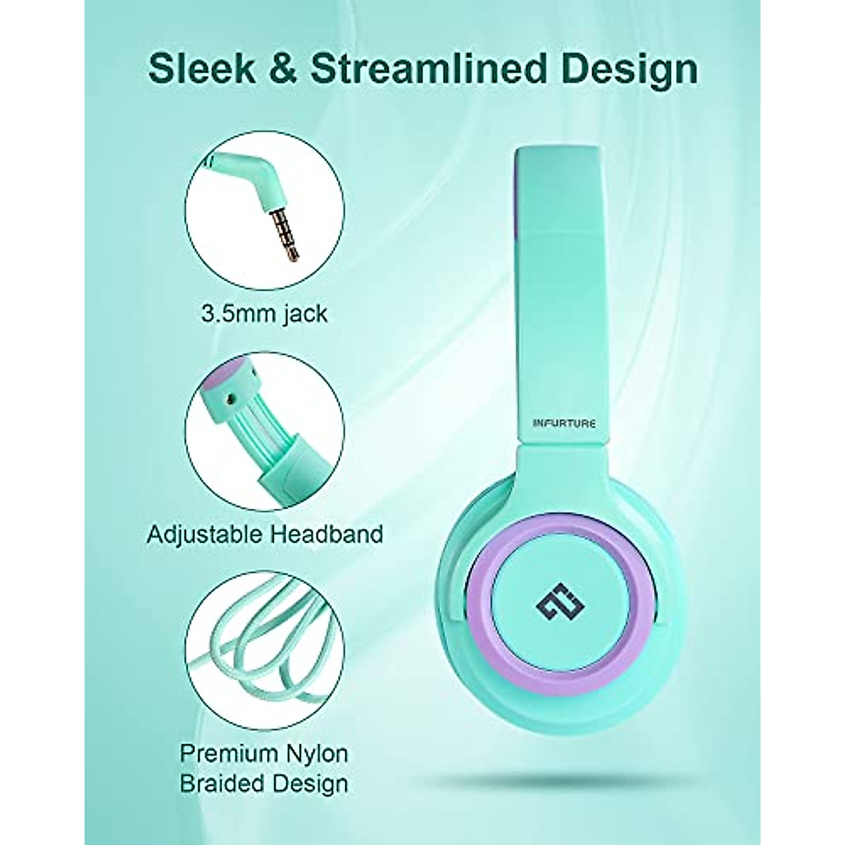 INFURTURE CH1 Kids Headphones with Microphone Pink Active Noise Cancelling Headphones Bluetooth Kids Headphones