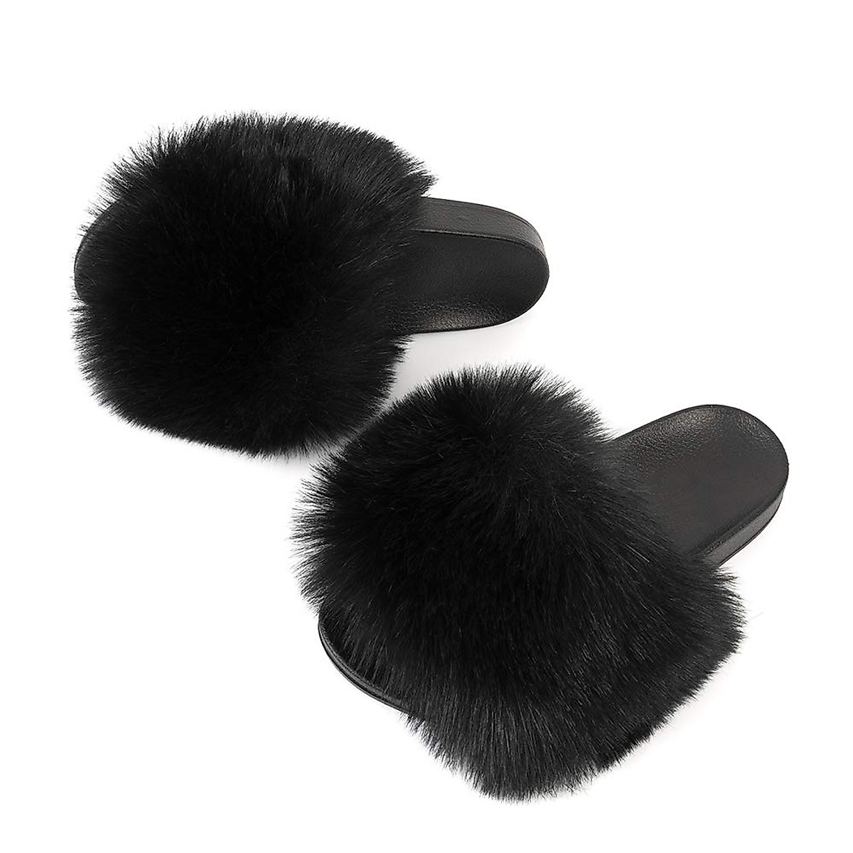 FUNKYMONKEY Women's Slides Faux Fur Cute Slip On Fuzzy Slippers Comfort Flat Sandals (10 M US, New Black)