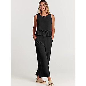 ANRABESS Two Piece Outfits for Women Summer Vacation Sleeveless Linen Crop Tank Top Casual Matching Lounge Sets Comfy Tracksuits Long Pants Jumpsuits 2023 Cute Going Out Clothes 817heise-M