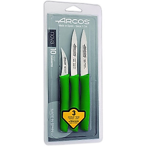 ARCOS 3 Pieces Paring Knife Set. 3 Peeling Knives of Stainless Steel and Ergonomic Polypropylene Handle for Cutting Fruits, Vegetables and Tubers. Series Nova. Color Green