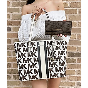 Michael Kors Jet Set Travel Medium Carryall Tote Graphic MK White Stripe Bundled with Michael Kors Jet Set Large Brown Trifold Wallet