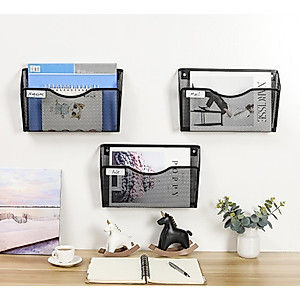 EasyPAG Hanging Wall File Organizer Mesh 3 Single Pocket Vertical Wall File Holder Mail Paper Rack with Nametag Label , Black