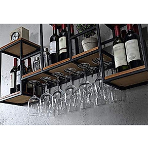 PIBM Stylish Simplicity Wall-Mounted Shelf Wrought Iron Wooden Ledge Living Room Bedroom for Bookshelf Storage Display Wine Glass Rack Floating Decorative Unit Frame Retro Creative Style