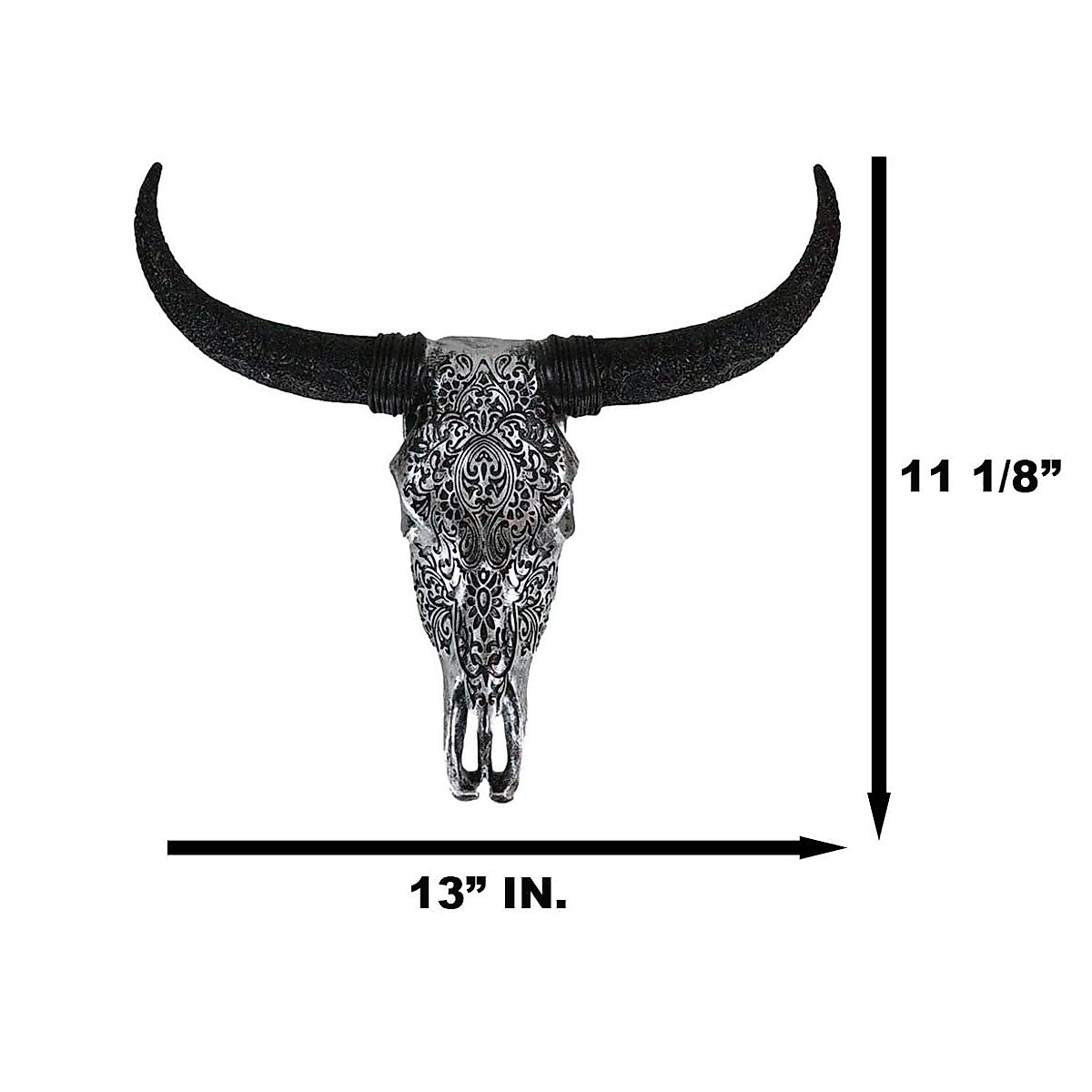 Ebros Gift Silver and Black Tribal Floral Vines Tooled Steer Bison Bull Cow Skull Head with Horns Wall Mount Decor Artistic Replica Native Animal Bust Skulls Hanging Mounted Plaque Sculpture