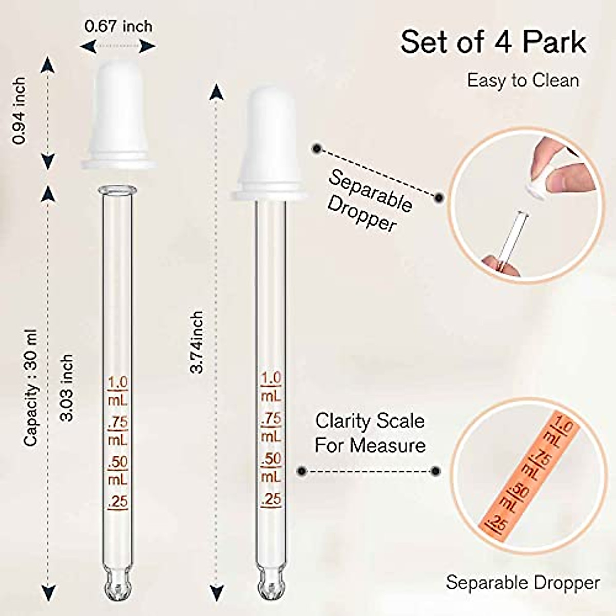 PrettyCare Eye Dropper 4 Pcs, Glass Eye Dropper for 30 ml Essential Oils Bottles Round Tip Measured Medicine Droppers Calibrated 1 ml Capacity