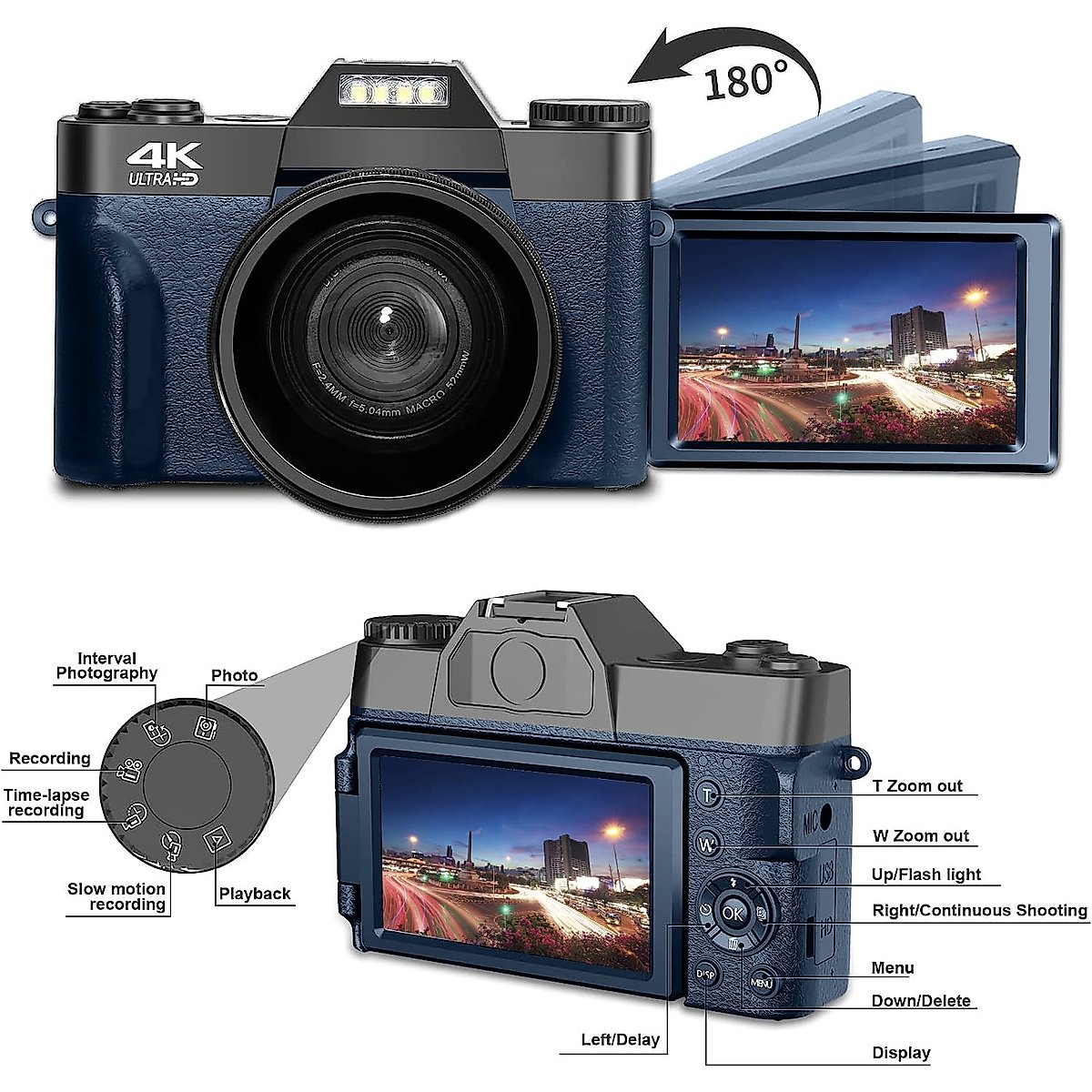eDealz 4K 48MP Digital Camera Kit for Photography, Vlogging Camera YouTube with Flip Screen, WiFi, Wide Angle & Macro Lens, 64GB Micro SD Card, 50" Tripod, Case, Card Reader, Microphone, LED (Navy)