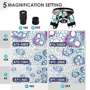 Microscopes for Kid Student Adult, 40X-1000X Compound Monocular Microscope with Microscope Slides Set, Phone Adapter, Dual LED Illumination Powerful Biological Microscopes for School Home Education