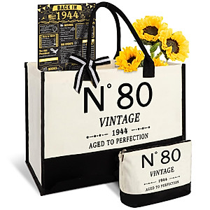 80th Birthday Gifts for Women Canvas Tote Bag Travel Gear, Unique 80 Years Old Gifts for Wife Sister Mom Aunt Friends Her, Vintage N°80 Beach Bag & Cosmetic Bag & Back in 1944 Poster