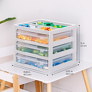 IRIS USA 3-Tier Scrapbook Storage Unit with Organizer Top, Fits 12" x 12" Papers, for Tools Office Art and Craft Supplies Desktop Organizer Built in Handle, White/Clear