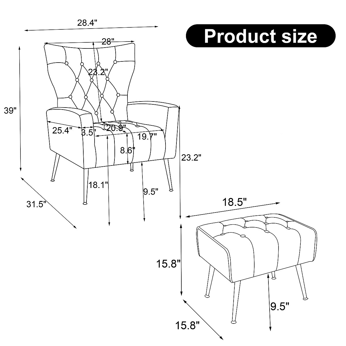 Modern Velvet Accent Chair with Ottoman, Elegant Wingback Armchair with Gold Metal Legs, Comfy Upholstered Single Leisure Sofa Reading Chair for Living Room Bedroom Club Apartment Home Office (Beige)