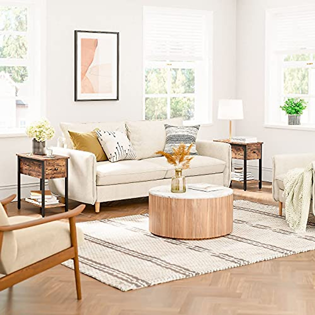 HOOBRO Side Table, 2-Tier Nightstand with Drawer, Narrow End Table for Small Spaces, Stable and Sturdy Construction, Wood Look Accent Furniture with Metal Frame, Rustic Brown and Black BF04BZ01