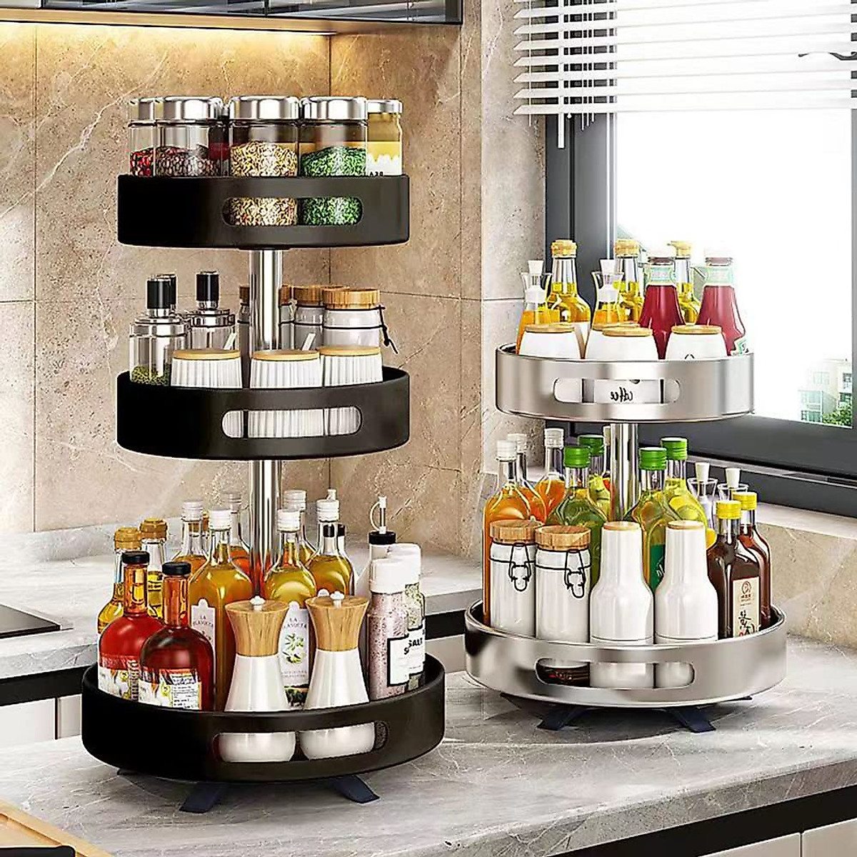 BULTIWEUD 3 Tier Lazy Susan Turntable Spice Rack Organizer Food Storage Container for Kitchen Cabinet, Spinning Organizer for Spices,Condiments,Black