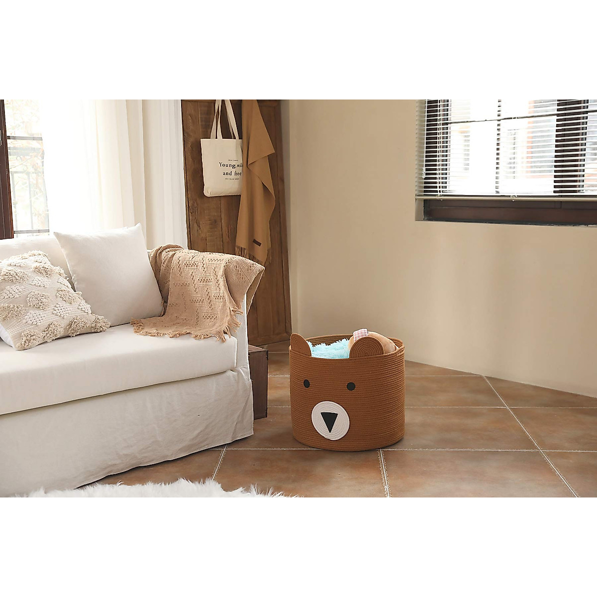 Bear Basket, Animal Basket, Large Cotton Rope Basket, Large Storage Basket, Woven Laundry Hamper, Toy Storage Bin, for Kids Toys Clothes in Bedroom, Baby Nursery, Orange Brown 18"x15"