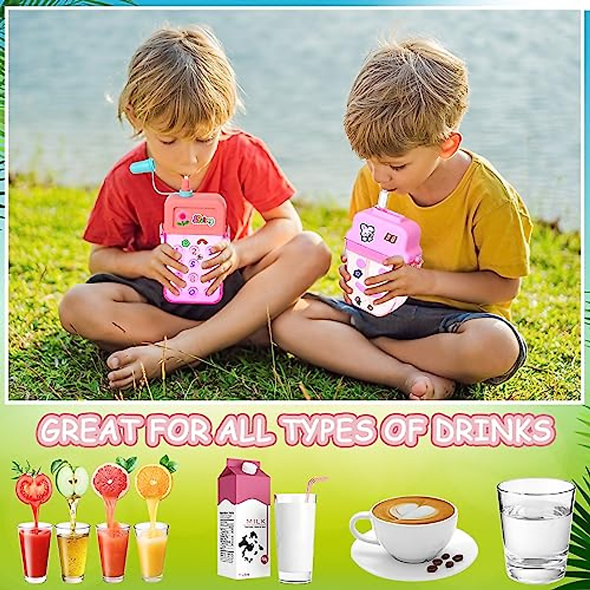 Honeydak 3 Pcs Cute Water Bottles with Straws Camera Ice Cream Bar Watermelon Adjustable Strap Plastic Water Bottle for School Kids (Novel Style,Pink)