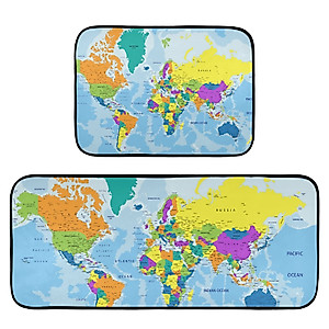 Colorful World Map Kitchen Mat Set of 2 Anti-Fatigue Kitchen Rug Set Non Slip Washable Cushioned Foam Kitchen Runner Rugs and Mats Comfort Standing Mat for Floor Laundry Home Decor