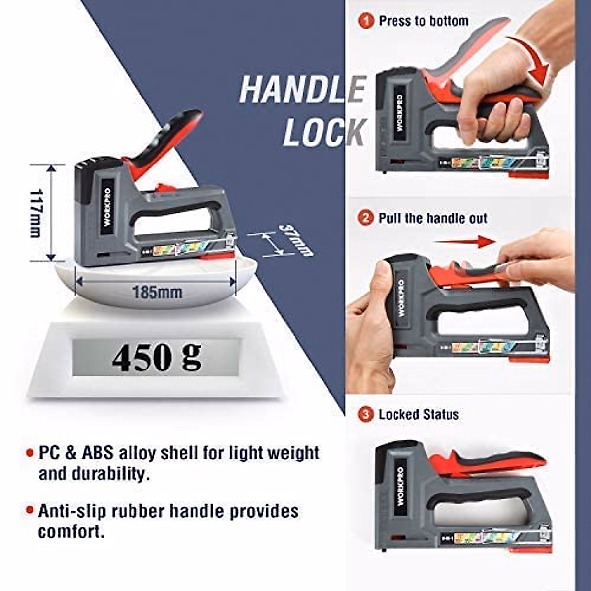 WORKPRO Staple Gun, 6-in-1, Manual Brad Nailer with 4000 Counts Staples, Upholstery Stapler Nail Gun for Fixing Material, Decoration, Carpentry, Furniture, Doors and Windows