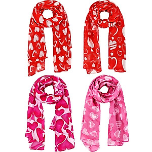 4 Pieces Valentine's Day Scarf for Women Pink White Heart Print Scarf Valentines Scarf for Women Girl Christmas Birthday Valentine's Gift, 4 Styles