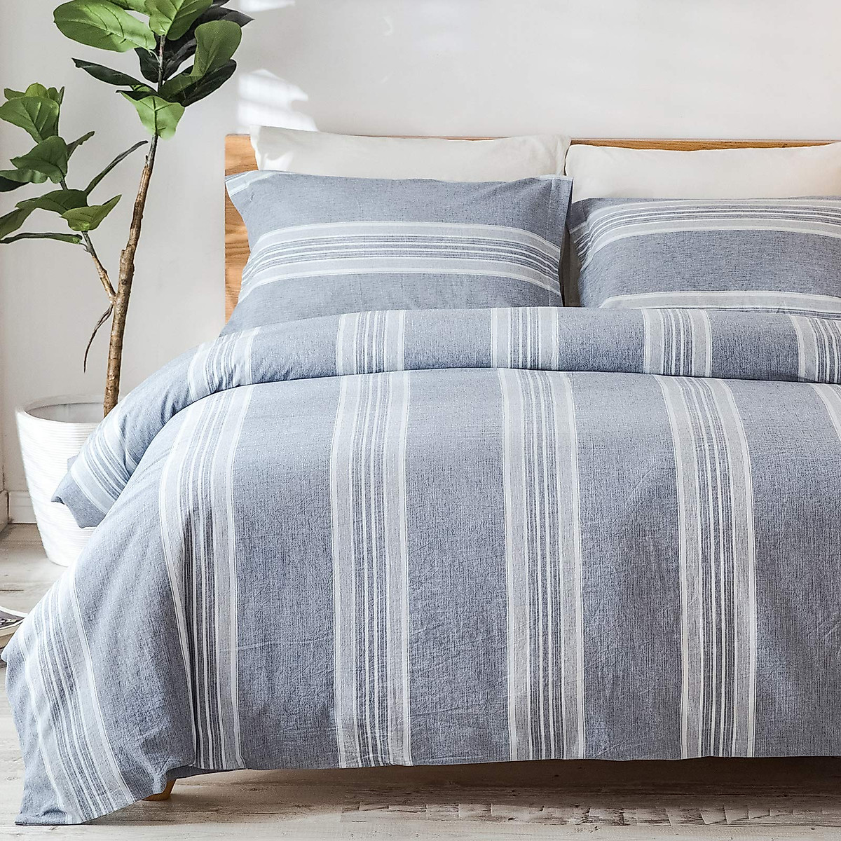 David's Home 100% Washed Cotton Duvet Cover Set King Size, Chambray Stripe Duvet Cover with Pillow Shams, 3pcs Ultra Soft and Breathable Bedding, 104x 90 Inches, Blue Beige