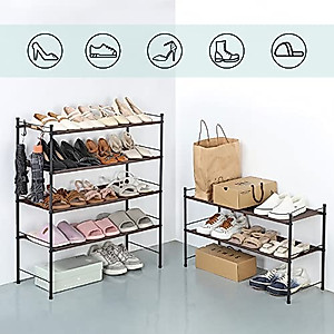 smusei Shoe Rack for Entryway 4 Tier Freestanding Adjustable Expandable Sturdy Closet Fabric Shoe Rack Storage Organizer with 2 Metal Hooks for Home, Dorm, Hallway, Bronze