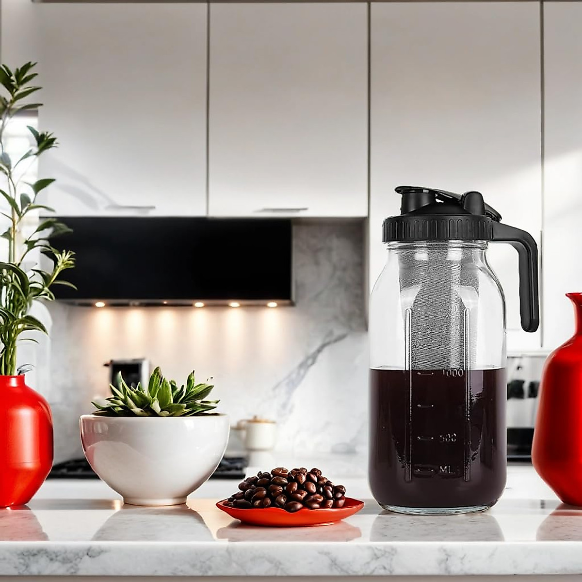 PNHYTUGY Cold Brew Coffee Maker - 64 Oz Heavy Duty Glass Mason Jar Pitcher with Stainless Steel Filter, Pour Spout Handle Lid, Leak - proof Design, Ideal for Iced Coffee and Tea - Black