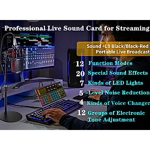 Professional Audio Mixer, K300 Live Sound Card and Audio Interface Sound Board with Multiple DJ Mixer Effects,Voice Changer and LED Light, Prefect for Streaming/Podcasting/Gaming/Recording/YouTube/PC