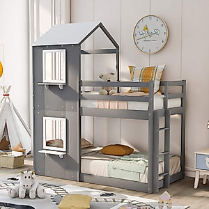 Bellemave Twin Bunk Beds with House Shape, House Bunk Bed with Roof, Window & Ladders, Twin Over Twin Bunk Bed for Kids Girls Boys Teens (Grey)