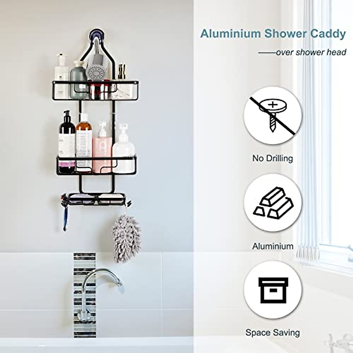 smusei Shower Caddy Over Shower Head Aluminum Shower Organizer Hanging Bathroom Shower Shelves for Inside Shower 3 Tier Shower Racks with Hooks and Shampoo Soap Razor Holder - Black