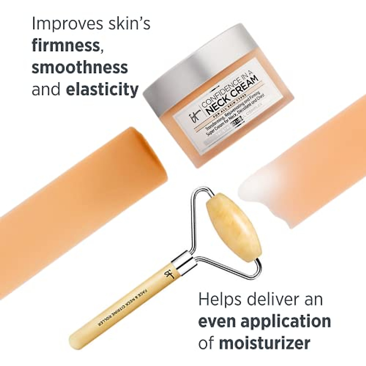 IT Cosmetics Smooth & Tighten Skincare Set - Includes Confidence in a Neck Cream (2.6 oz) + Heavenly Luxe Neck & Face Roller - Firming Moisturizer - with Elastin, Collagen & Hyaluronic Acid